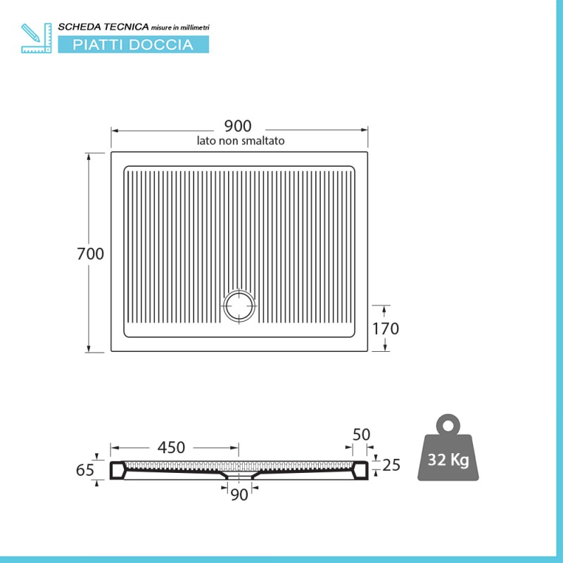Piatto doccia 70x90 H 6.5 rettangolare in ceramica bianca con ...