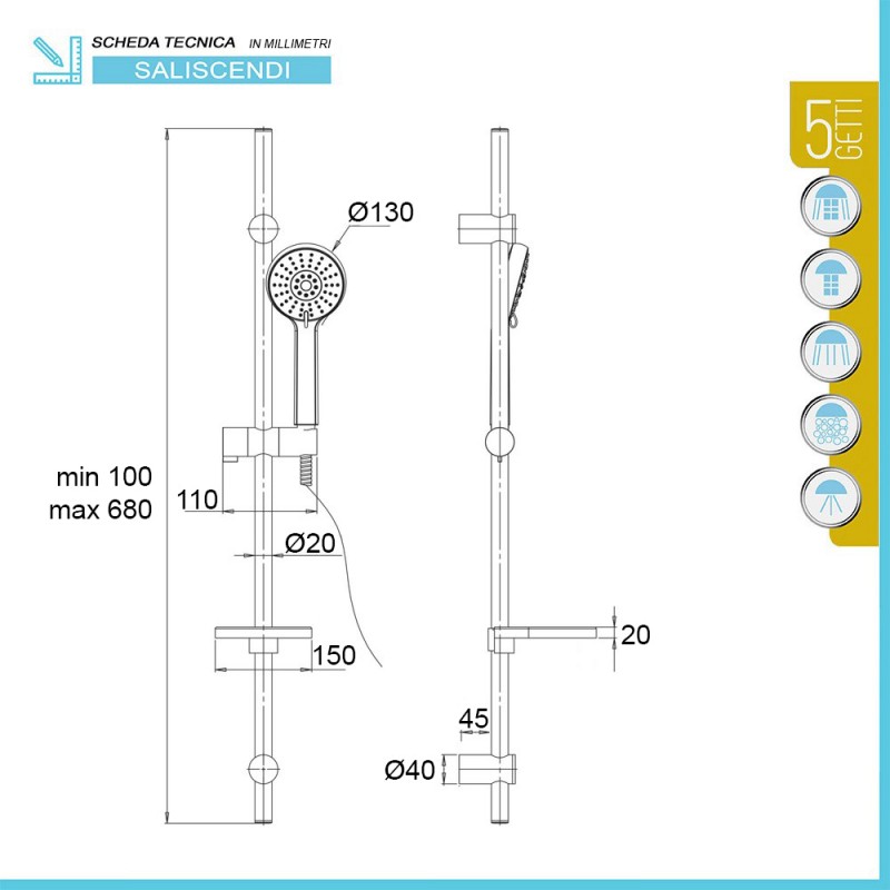 Saliscendi doccia cromato regolabile con doccetta multigetto e mensola
