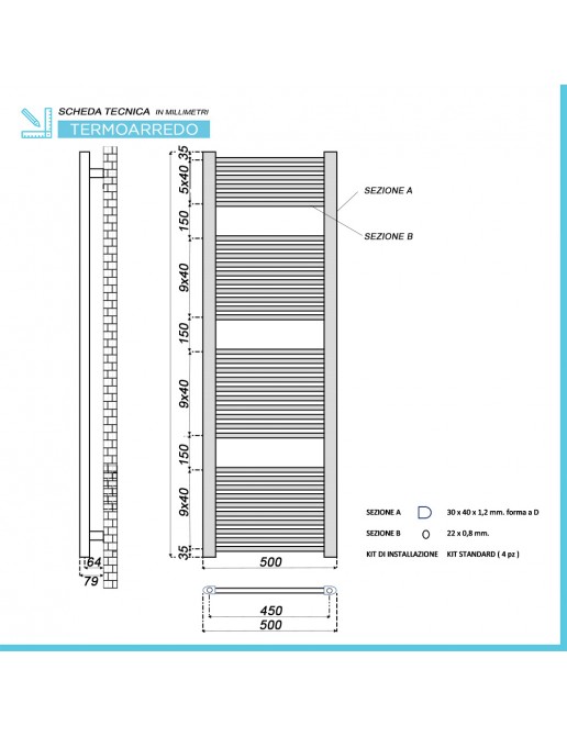 Termoarredo elettrico bianco 900w H180 x 50 interasse 45 cm