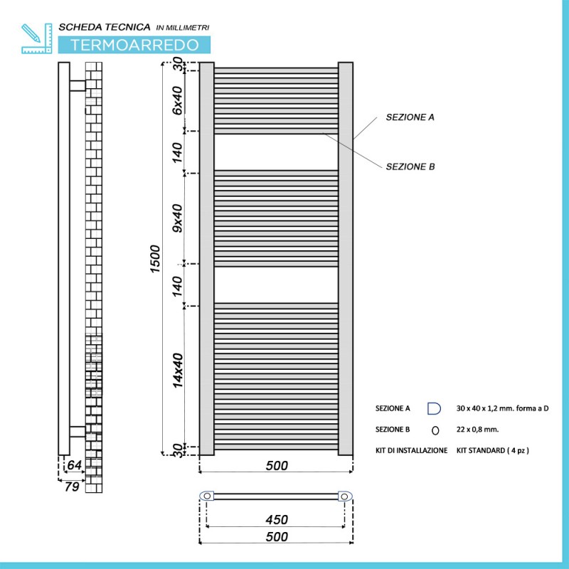 Termoarredo elettrico bianco 700w H150 x 50 interasse 45 cm