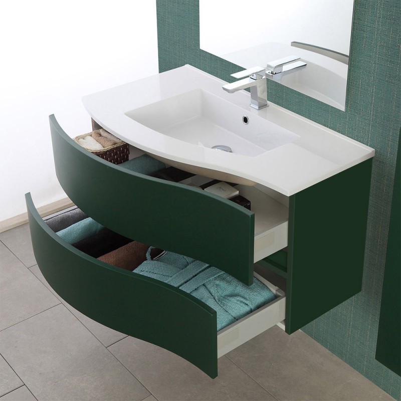 Mobile bagno sospeso curvo 90 verde con lavabo e specchio cm Minori