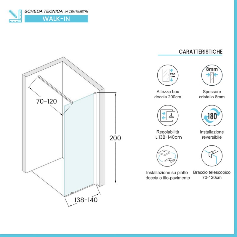 Doccia Walk-In 140 cm trasparente 8 mm profilo cromo H 200 cm Tay