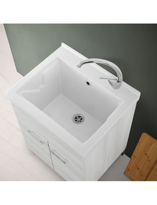 Mobile lavatoio 60x50 cm rovere bianco con vasca lavapanni in ceramica