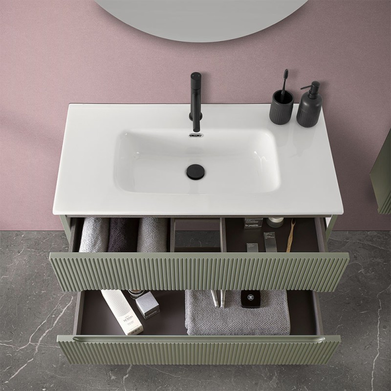 Mobile bagno sospeso cannettato 90 cm verde con specchio Bali