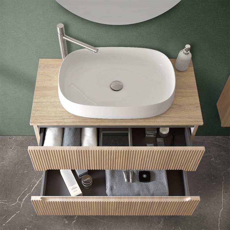 Mobile bagno sospeso cannettato 90 cm sabbiato con top e specchio Bali