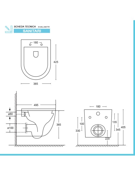 Wc sospeso Rimless con scarico a vortice e copriwc soft-close Tao