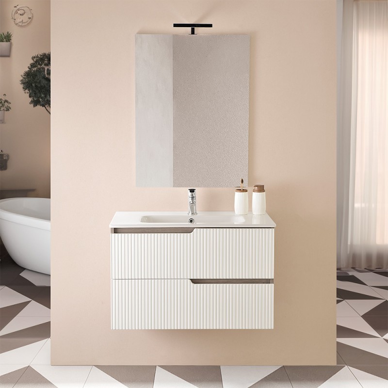 Mobile bagno sospeso 80 cm bianco cannettato e olmo con specchio Porto