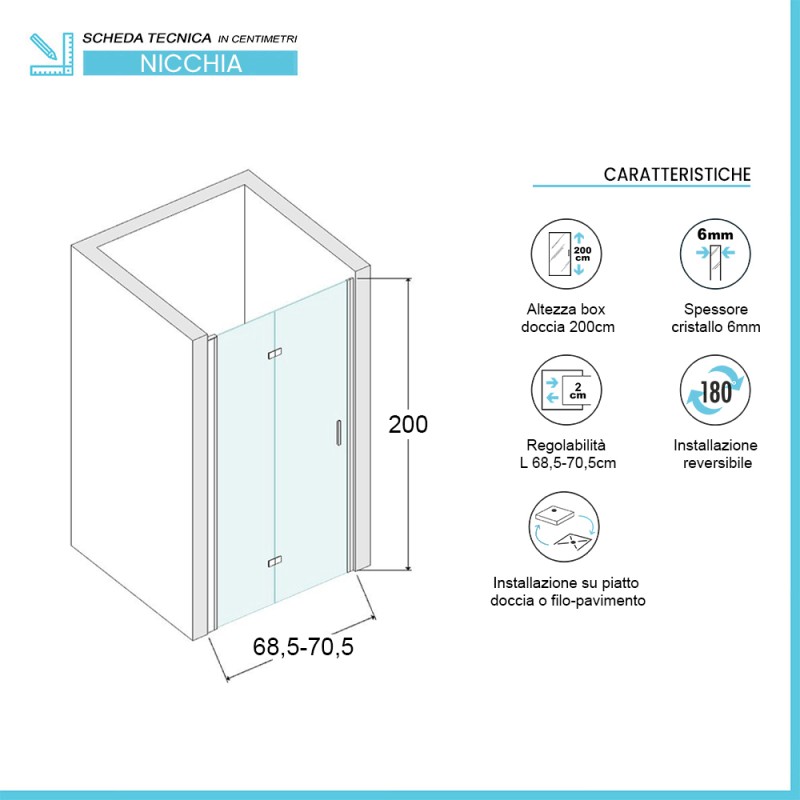 Porta doccia nicchia 70 cm a soffietto con vetro in cristallo ...