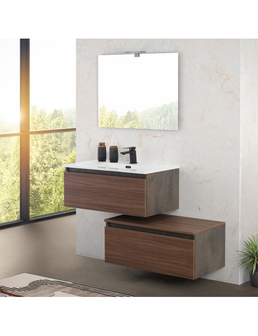 Mobile bagno sospeso 80 cm ossido e noce con cassetto sfalsato Kleo