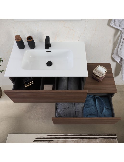 Mobile bagno sospeso 80 cm ossido e noce con cassetto sfalsato Kleo