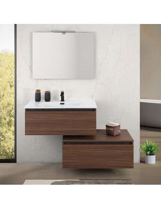 Mobile bagno sospeso 80 cm ossido e noce con cassetto sfalsato Kleo