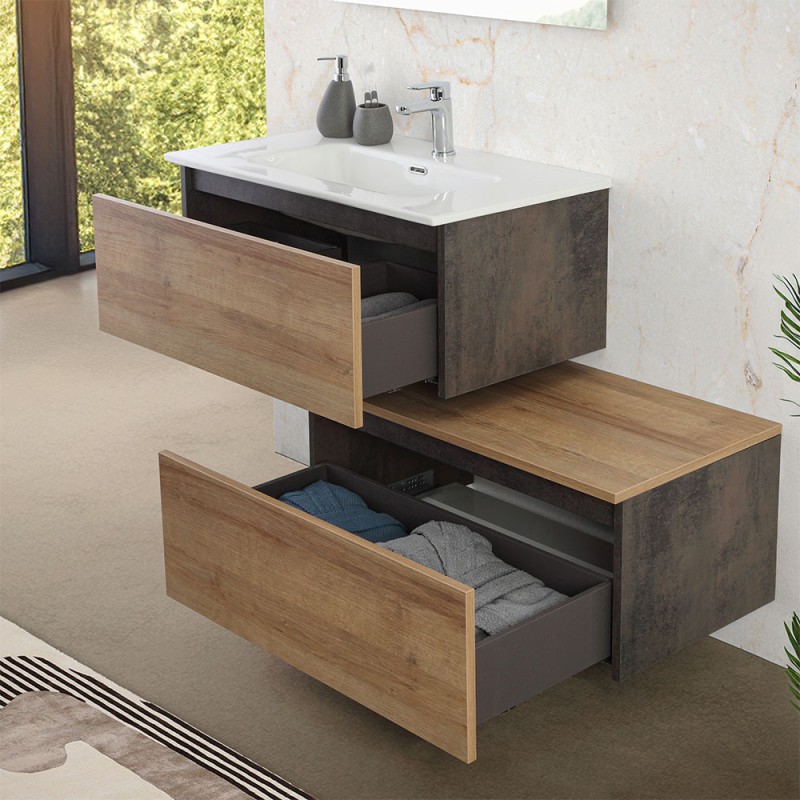 Mobile bagno sospeso 80 cm ossido e rovere con cassetto sfalsato Kleo