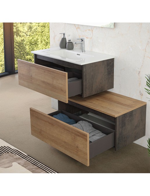 Mobile bagno sospeso 80 cm ossido e rovere con cassetto sfalsato Kleo