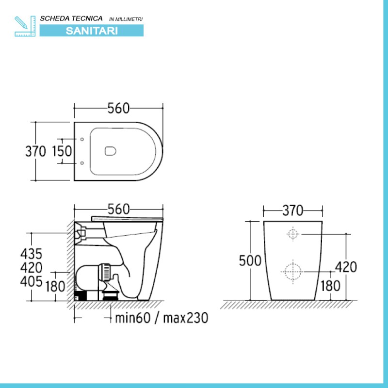 Wc per anziani filomuro H 50 cm con scarico traslato serie Comoda